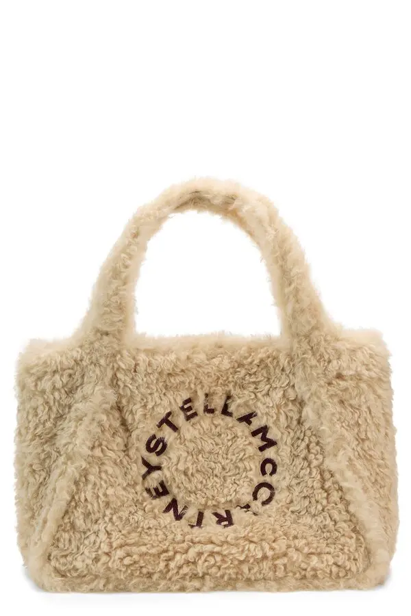 Stella McCartney Shearling Tote Handbag With Embroidered Logo, Center Circle Motif, Rectangular Design