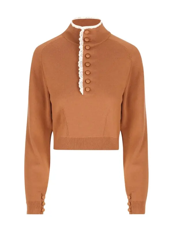 Chloé Turtleneck Sweater In Wool Knit With Lace Trim And Fabric-covered Buttons - Brown