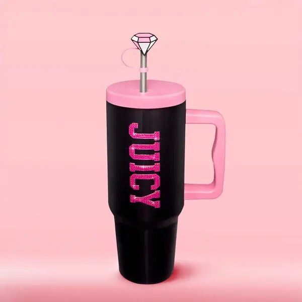 Juicy Couture Goglam Hydration Bling Stainless Steel Tumbler With Handle And Straw With Topper - Black
