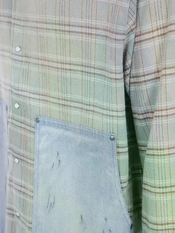 FOUND Plaid-check Distressed-patch Shirt - Green