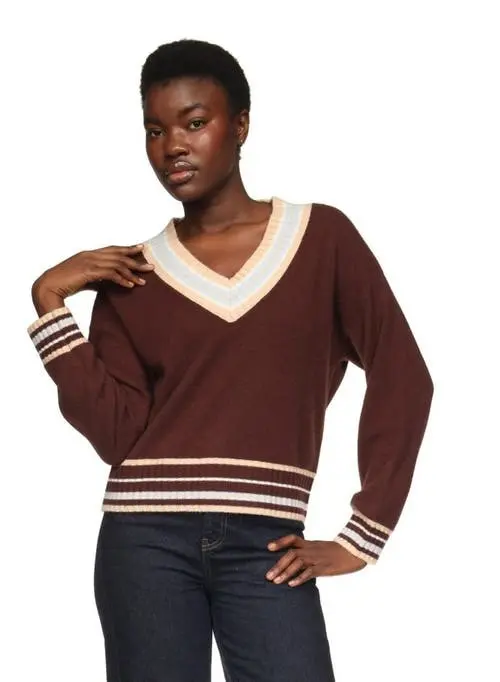 BRODIE CASHMERE Stitchy Trim V-neck Sweater