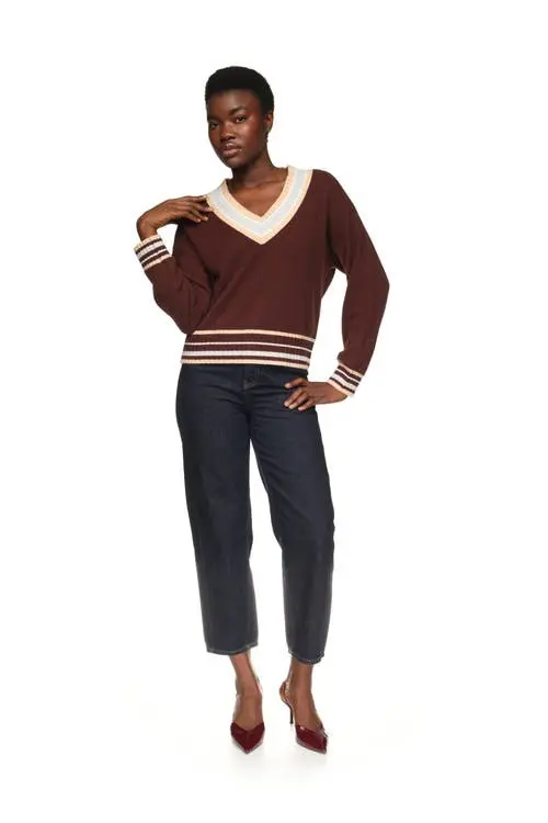 BRODIE CASHMERE Stitchy Trim V-neck Sweater