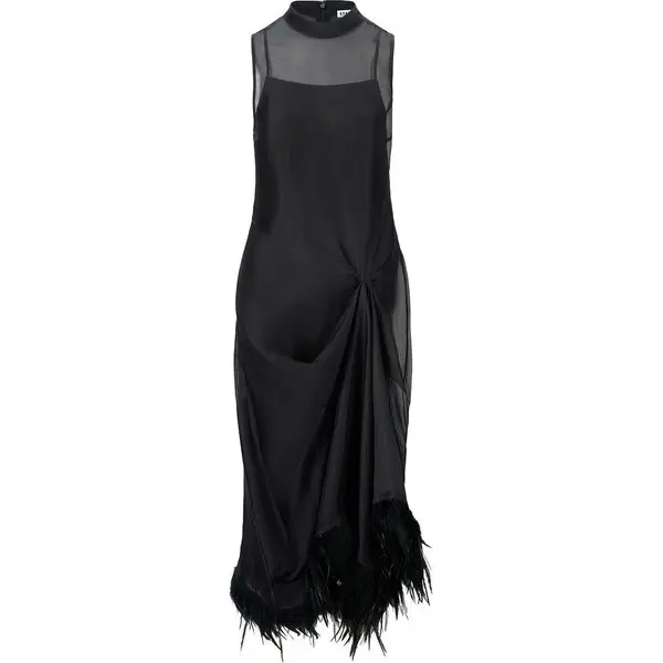 Staud Lola Feather Trim Silk Midi Dress