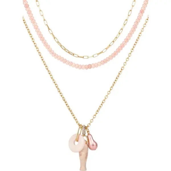 Guess Tone Layered Pendant Necklace With Rose Quartz & Serpentine - Gold