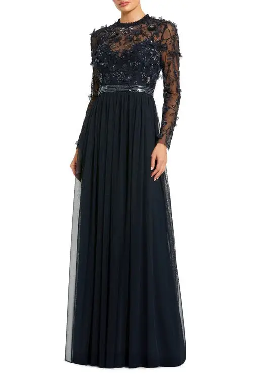 Mac Duggal Petite Embellished Illusion High Neck Long Sleeve Gown