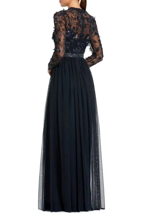 Mac Duggal Petite Embellished Illusion High Neck Long Sleeve Gown