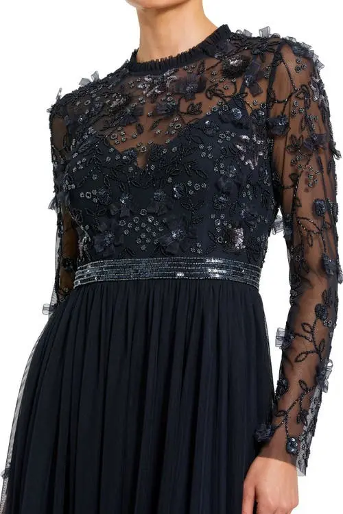 Mac Duggal Petite Embellished Illusion High Neck Long Sleeve Gown