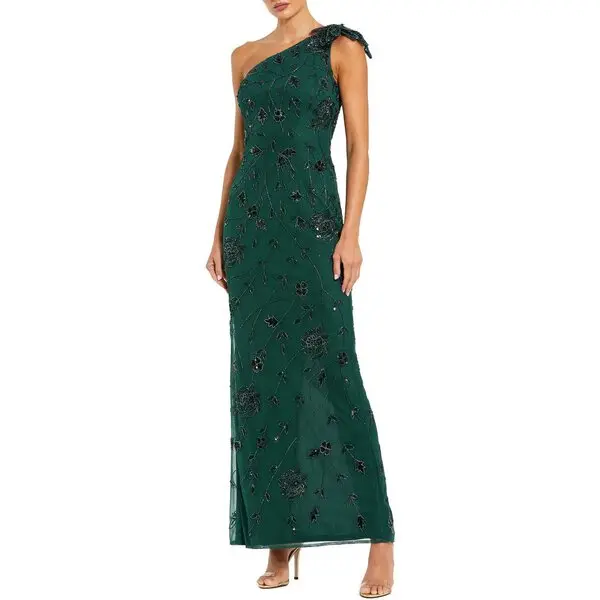 Mac Duggal Floral Embellished One Shoulder Fitted Gown