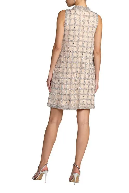 Mac Duggal Beaded Sequin Mesh Mock Neck Sleeveless Mini Dress