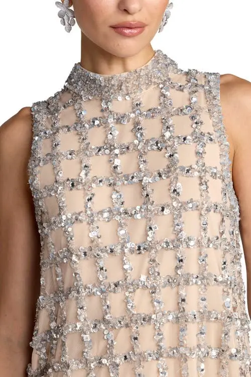 Mac Duggal Beaded Sequin Mesh Mock Neck Sleeveless Mini Dress