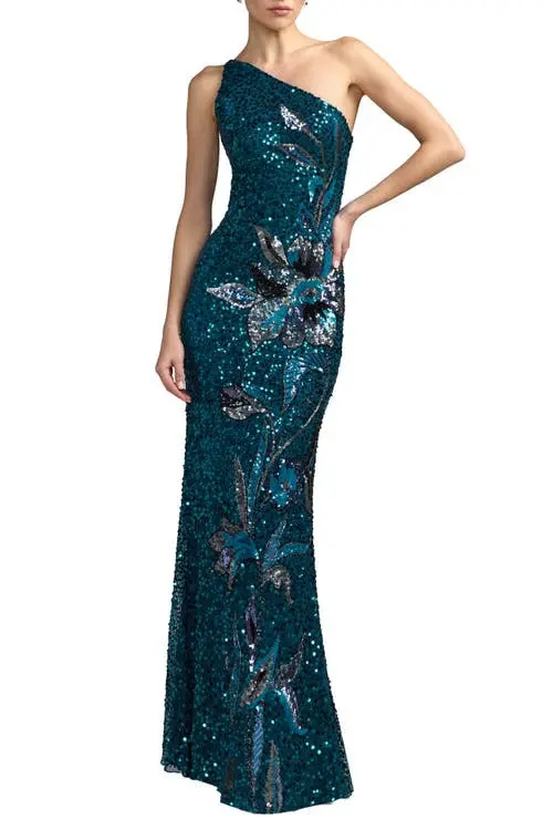 Mac Duggal Petite One-shoulder Floral Sequin Evening Gown - Teal