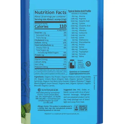 SUNWARRIOR Organic Warrior Blend+ Greens Protein Powder - Unflavored