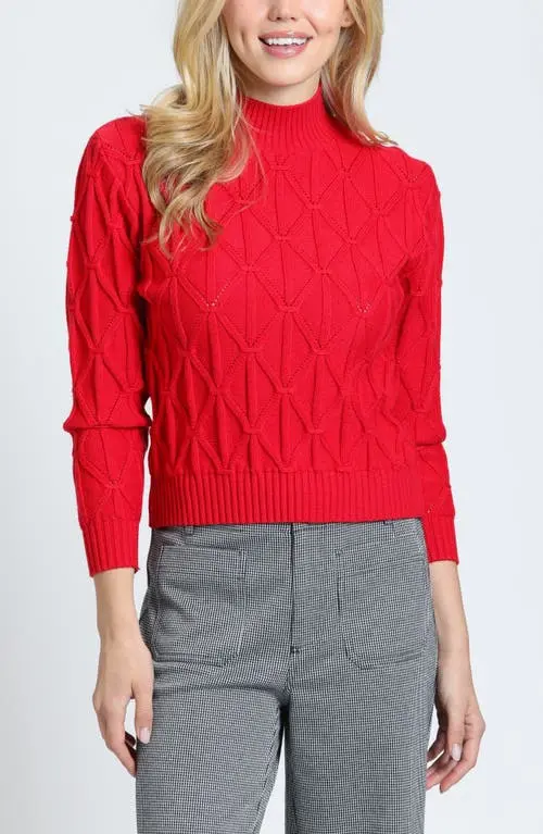 APNY Diamond Cable Eyelet Mock Neck Sweater - Red
