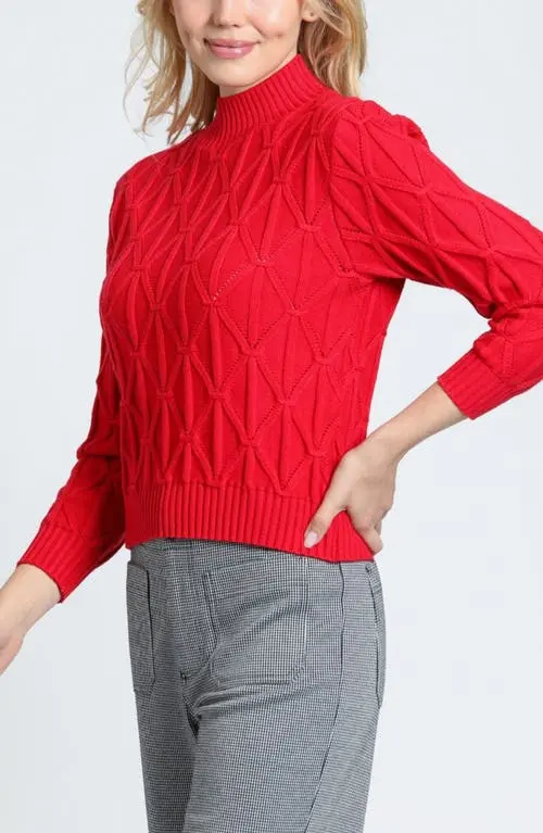 APNY Diamond Cable Eyelet Mock Neck Sweater - Red