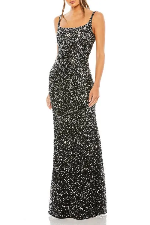 Mac Duggal Petite Sequined Low Back Slip Gown - Black