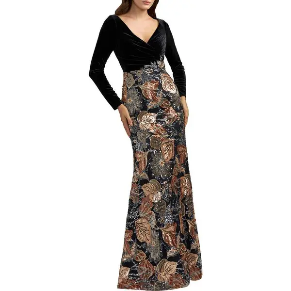 Mac Duggal Long Sleeve Floral Embellished Velvet Gown
