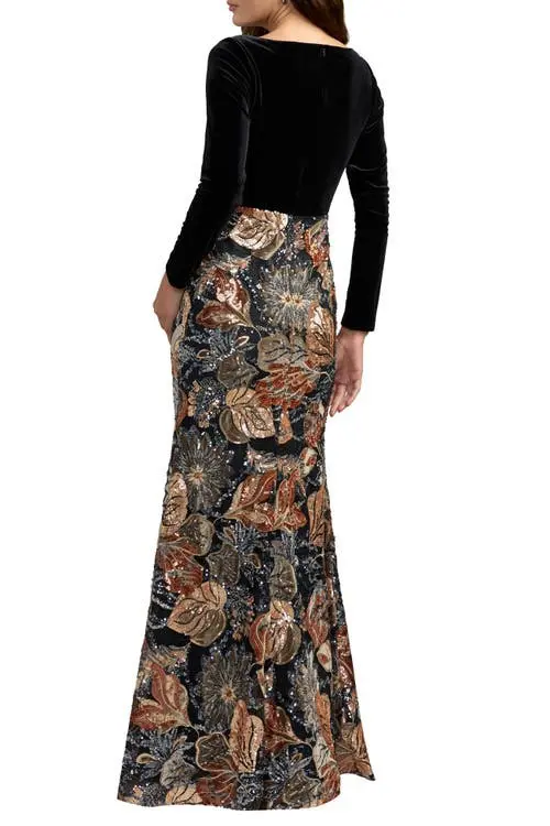 Mac Duggal Long Sleeve Floral Embellished Velvet Gown