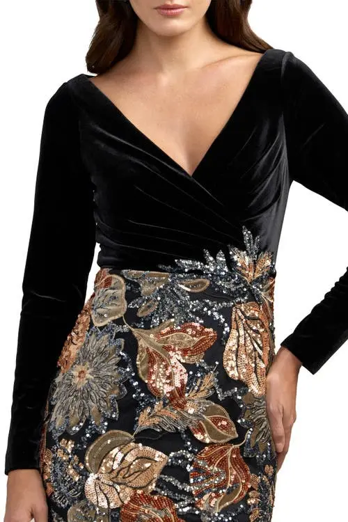 Mac Duggal Long Sleeve Floral Embellished Velvet Gown