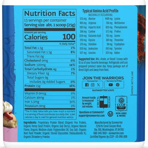 SUNWARRIOR Organic Warrior Blend Berry Shortcake Protein Powder Tub - 375g
