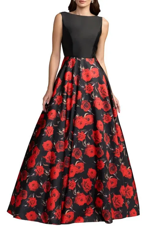 Mac Duggal Floral Printed Mikado Open Back Sleeveless Gown