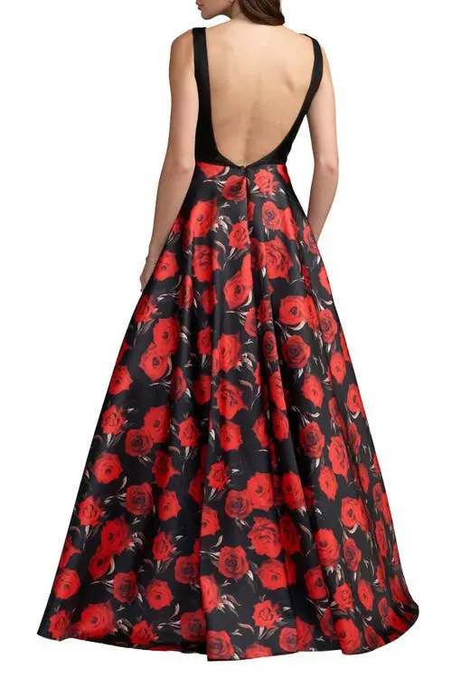 Mac Duggal Floral Printed Mikado Open Back Sleeveless Gown