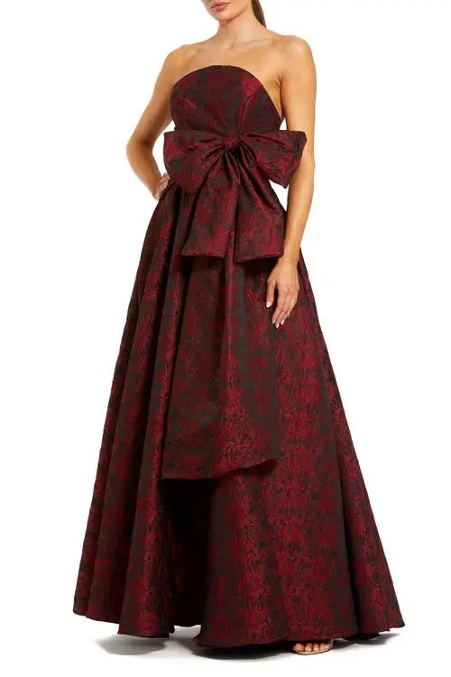 Mac Duggal Strapless Floral Brocade Evening Gown With Bow Detail