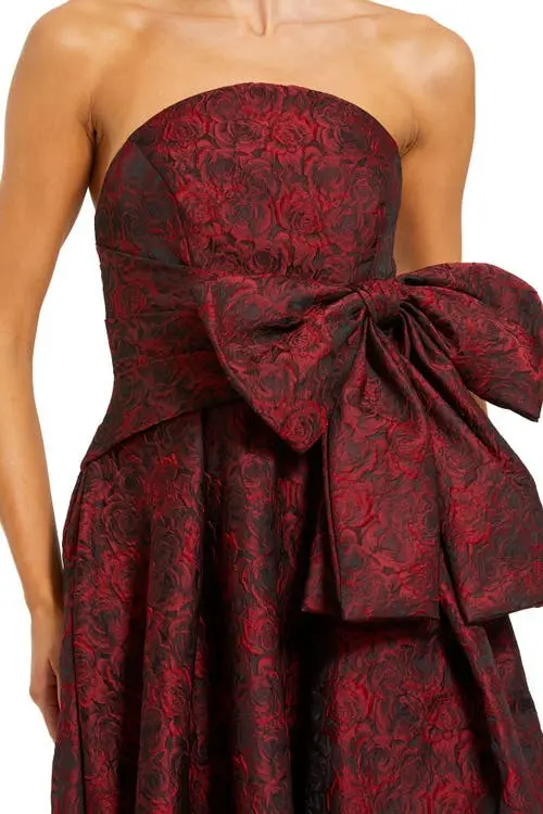 Mac Duggal Strapless Floral Brocade Evening Gown With Bow Detail