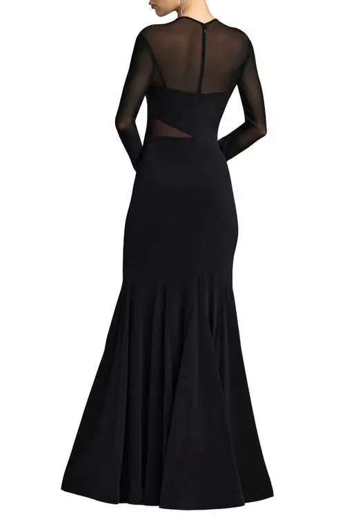 Mac Duggal Long Sleeve Sheer Detail Mermaid Jersey Gown