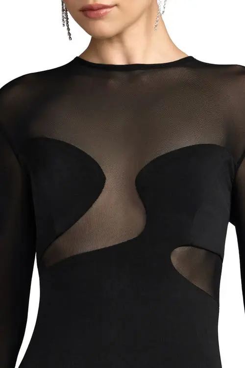 Mac Duggal Long Sleeve Sheer Detail Mermaid Jersey Gown