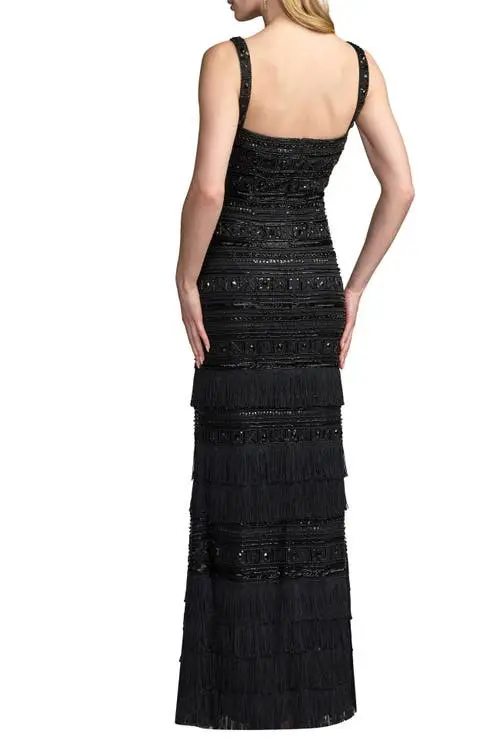 Mac Duggal Geometric Embellished Gown With Fringe