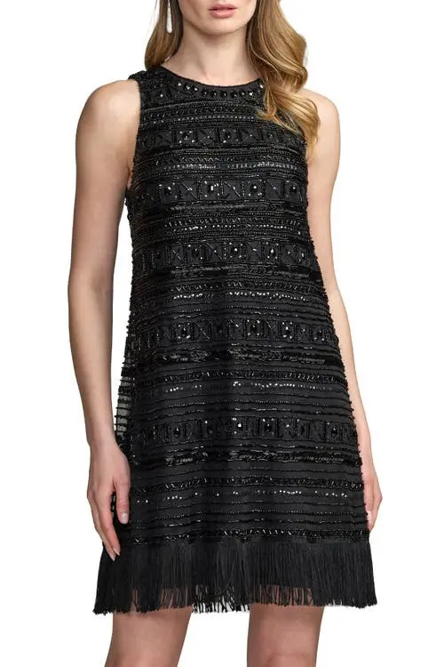 Mac Duggal Embellished Mesh Trapeze Fringe Mini Dress