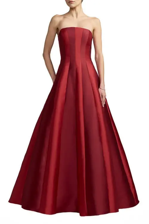 Mac Duggal Strapless Paneled Mikado Ballgown - Wine Multi