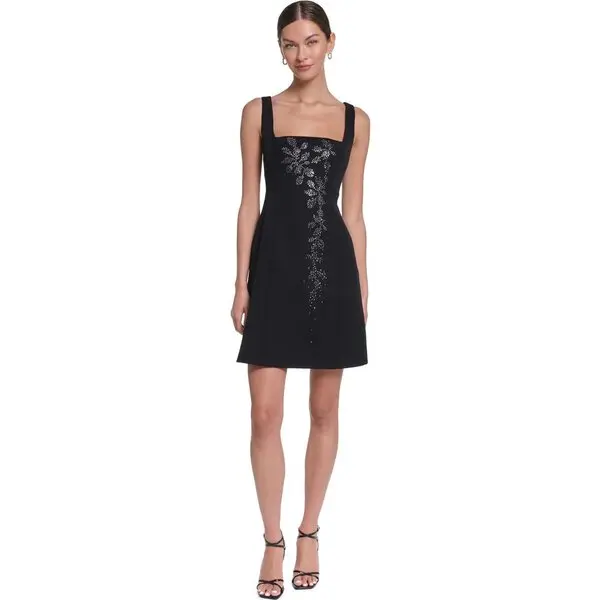 Halston Sleeveless Embellished Crepe Shift Dress - Black