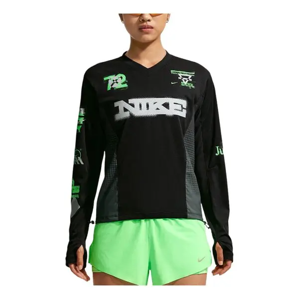 Nike Swift Long Sleeve Tops 'black Illusion Green - Black/iron Grey/illusion Green