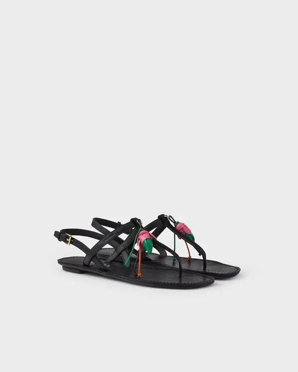 Prada Antiqued Leather Thong Sandals With Floral Ornament
