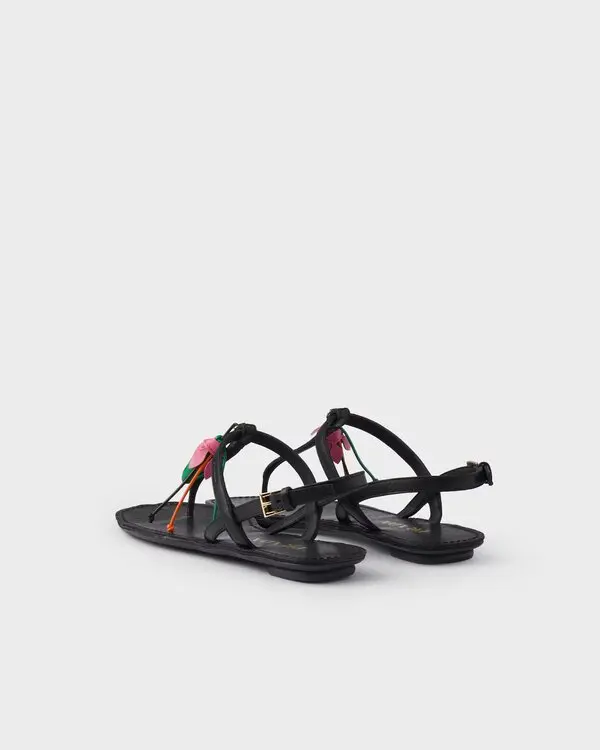 Prada Antiqued Leather Thong Sandals With Floral Ornament