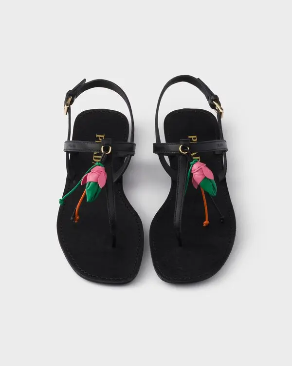 Prada Antiqued Leather Thong Sandals With Floral Ornament