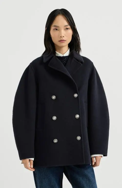 Brunello Cucinelli Hand-crafted Pea Coat In Virgin Wool And Cashmere Double Cloth With Monili - Cobalt