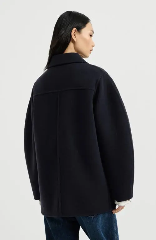 Brunello Cucinelli Hand-crafted Pea Coat In Virgin Wool And Cashmere Double Cloth With Monili - Cobalt