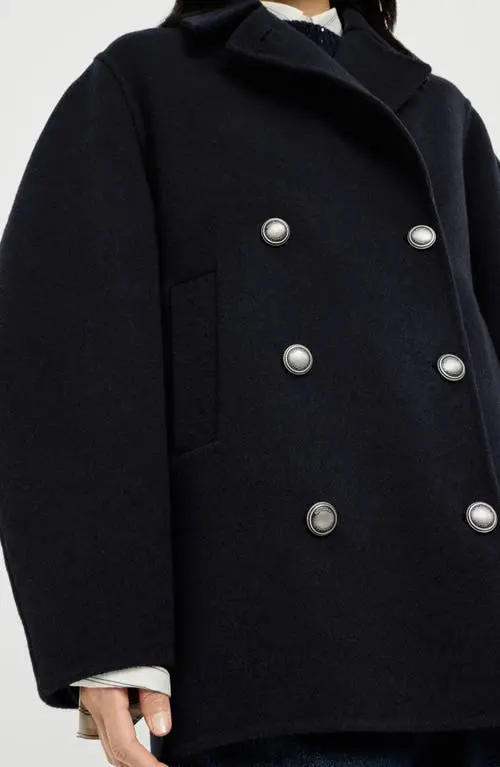 Brunello Cucinelli Hand-crafted Pea Coat In Virgin Wool And Cashmere Double Cloth With Monili - Cobalt