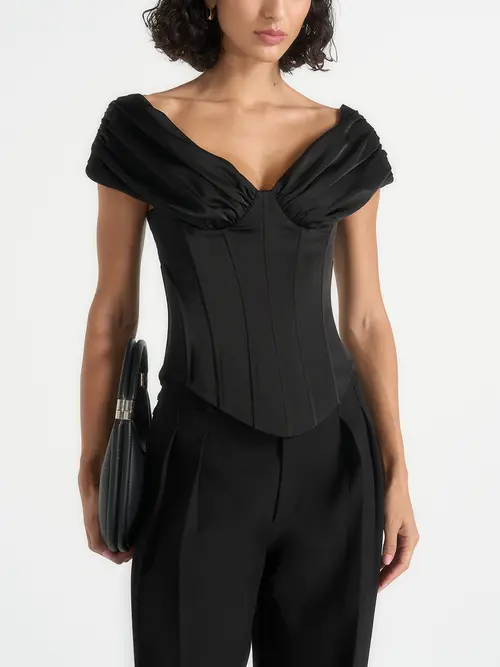 Manière De Voir Ursula Ruched Off-shoulder Corset Top - Black
