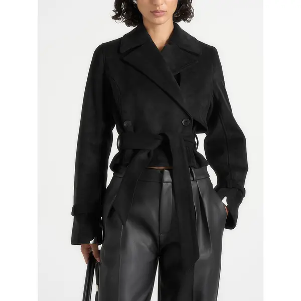 Manière De Voir Poppy Belted Cropped Suede Trench Jacket - Black