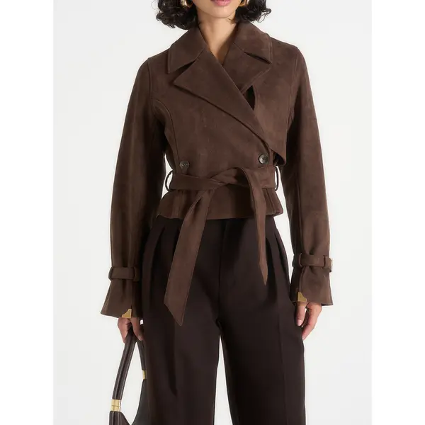 Manière De Voir Poppy Belted Cropped Suede Trench Jacket - Brown
