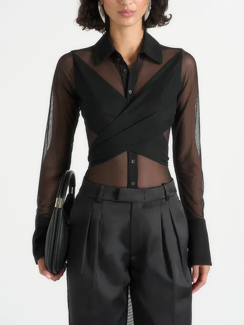 Manière De Voir Canelle Sheer Mesh Wrap-front Shirt Bodysuit - Black