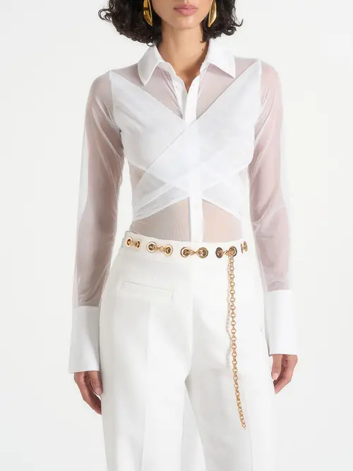Manière De Voir Canelle Sheer Mesh Wrap-front Shirt Bodysuit - White