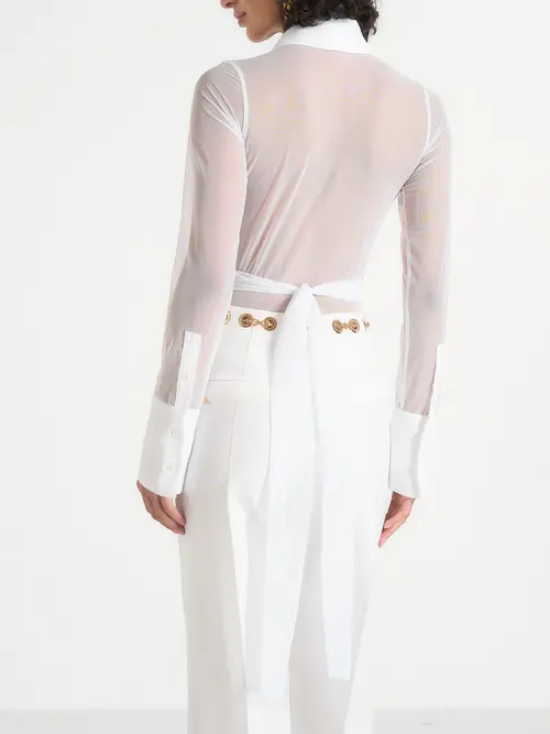 Manière De Voir Canelle Sheer Mesh Wrap-front Shirt Bodysuit - White