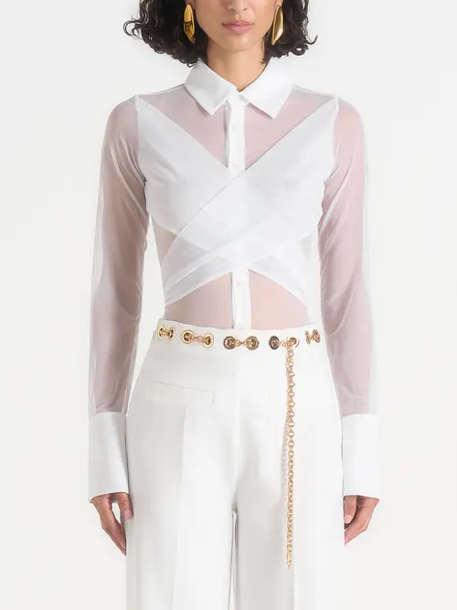 Manière De Voir Canelle Sheer Mesh Wrap-front Shirt Bodysuit - White