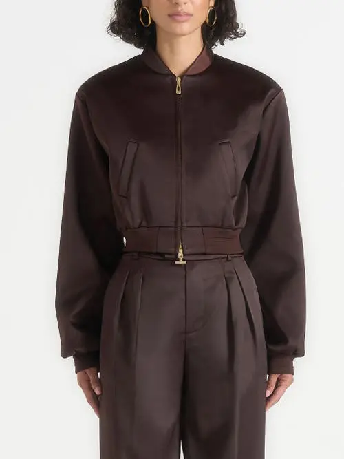 Manière De Voir Monique Satin Wide Shoulder Bomber Jacket - Brown