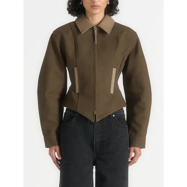 Manière De Voir Sky Hourglass Contrast Leather Jacket - Khaki