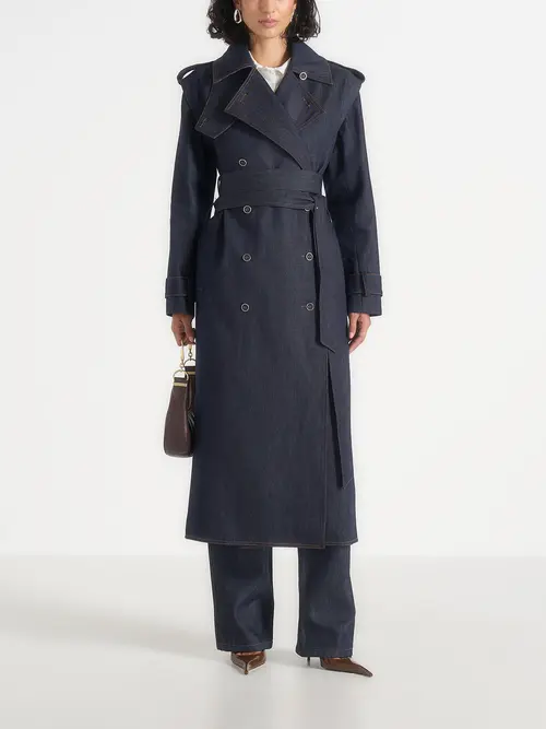 Manière De Voir Esther Denim Trench Coat With Double Belt - Indigo